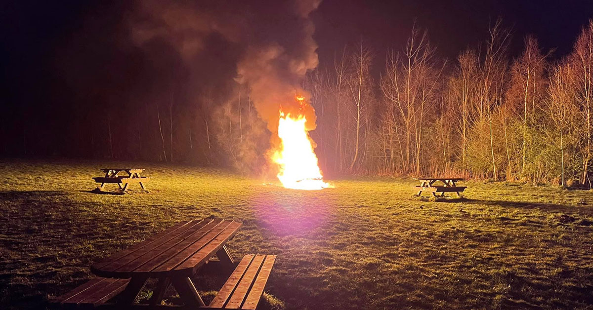 Picnic bench near Pinewoods goes up in flames